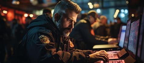 Premium Photo Portrait Of A Bearded Hacker Using A Laptop At Night In
