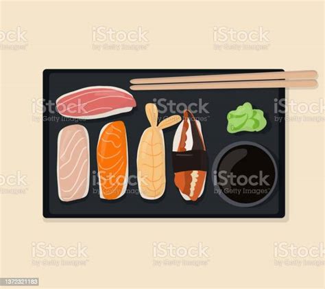 해산물롤과 초밥의 전통 일식 요리 세트 검은 접시에 만화 손 그린 벡터 일러스트레이션 건강한 식생활에 대한 스톡 벡터 아트 및