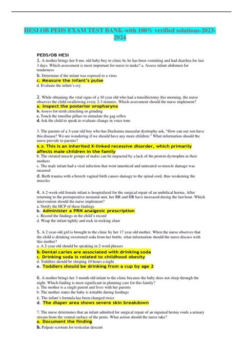 Hesi Ob Peds Exam Test Bank With 100 Verified Solutions Hesi Ob