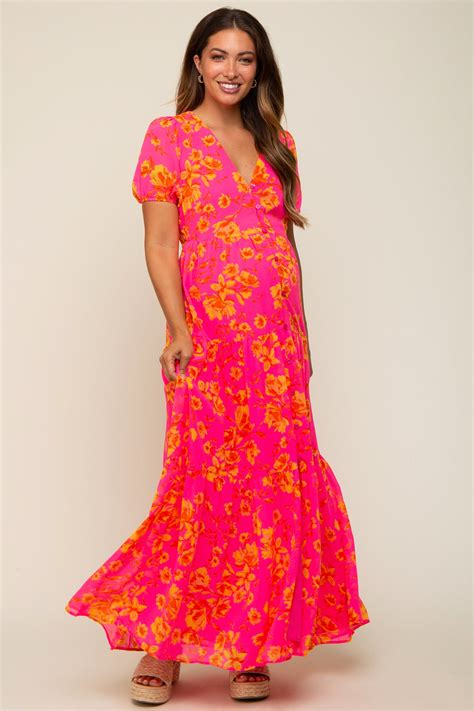 Neon Pink Floral Front Button Tiered Maternity Maxi Dress Pinkblush
