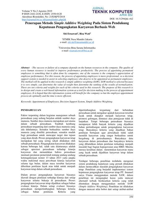 Pdf Penerapan Metode Simple Additive Weighting Pada Sistem Pendukung Keputusan Pengangkatan