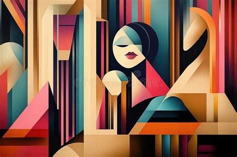 Colorful Geometric Art Deco Design Stylish Woman Figure In Vibrant Colors Abstract Shapes
