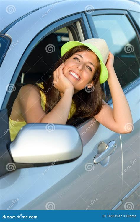 Happy Woman In Car Daydreaming Stock Image Image Of Automobile