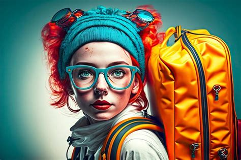 Retrato de niña viajera con mochila y maleta de viaje Foto Premium