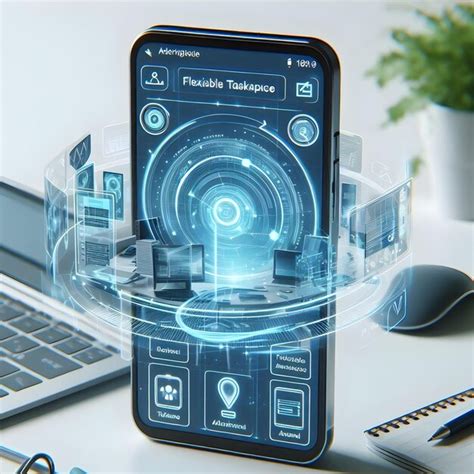 Mobile Phone With Holographic Task Manager And Flexible Workspace Text Concept As Camera