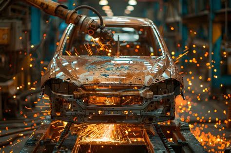 Automated Manufacturing Process In Automotive Factory With Robotics And Welding Technology