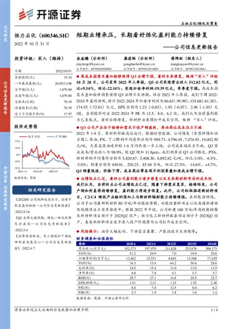 公司信息更新报告：短期业绩承压，长期看好炼化盈利能力持续修复