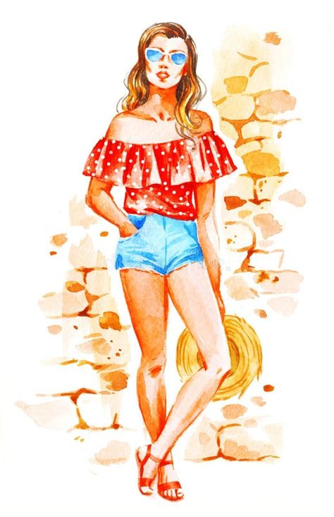 Girl With Sunglasses Summer Look Watercolor Fashion Illustration On