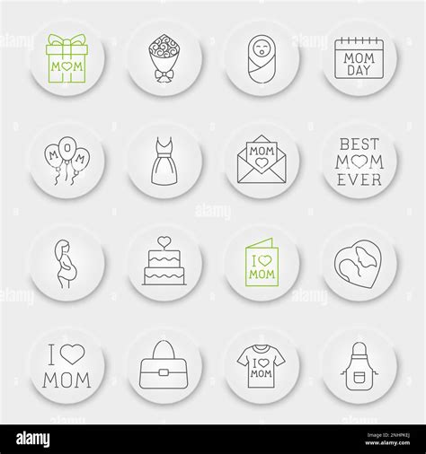 Happy Mothers Day Line Icon Set Mom Day Collection Vector Graphics Neumorphic Ui Ux Buttons
