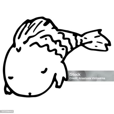 귀여운 잠자는 물고기 낙서의 그림 물결 모양의 선과 점 디자인 템플릿을 위해 흰색에 고립 된 검은 색 윤곽선이있는 곡면 물고기