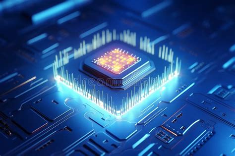 futuristic microchip processor central processing unit with blue light