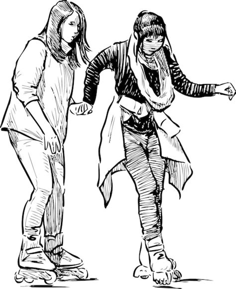 Premium Vector Sketch Of Teens Girls Training On Roller Skates