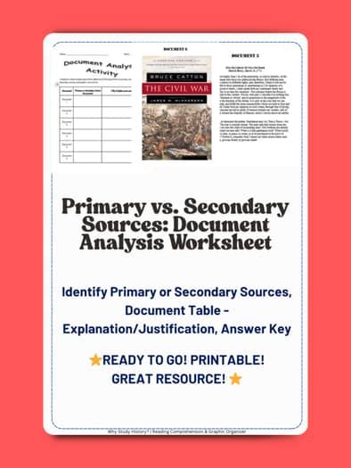 Primary Vs Secondary Sources Document Analysis Worksheet By History