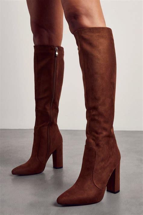 Boots Faux Suede Knee High Heeled Boots Misspap