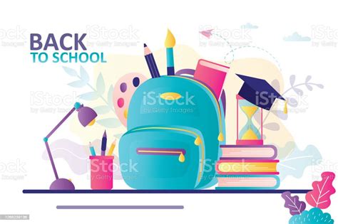 학교 배너 템플릿으로 돌아갑니다 교육 장비가있는 어린이 배낭 물품과 교과서가 있는 스쿨백 9월에 대한 스톡 벡터 아트 및 기타 이미지 Istock