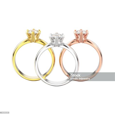3d 일러스트 절연 3 노란색 로즈 및 화이트 골드 또는 실버 전통적인 솔리테어 참여 다이아몬드 반지 0명에 대한 스톡 사진 및