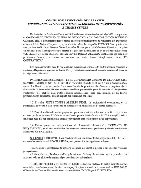 Contrato De EjecuciÓn De Obra Civil Techo Descargar Gratis Pdf