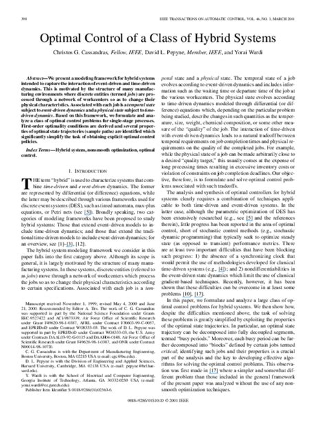 Pdf Optimal Control Of A Class Of Hybrid Systems