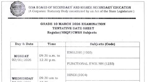 Goa Board Releases Ssc Hssc Exam Timetable For 2026 Check Subject