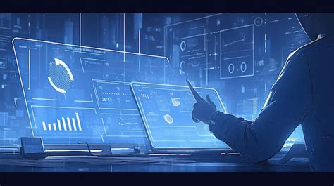 A Businessman In A Futuristic Office Setting Analyzing Data On Multiple