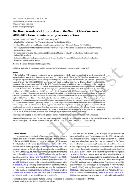 Pdf Declined Trends Of Chlorophyll A In The South China Sea Over 2005 2019 From Remote Sensing