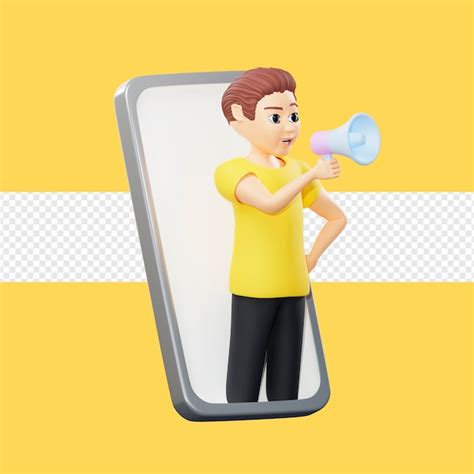 전화기 밖을 들여다보고 스피커로 말하는 남자의 라스터 일러스트레이션 노란색 티셔츠를 입은 젊은 남자 마이크를 통해 직접 연설