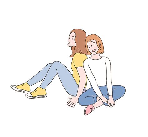 유토이미지 두 친구가 편안하게 기대 앉아 대화를 하고 있다 손그림 스타일 일러스트레이션