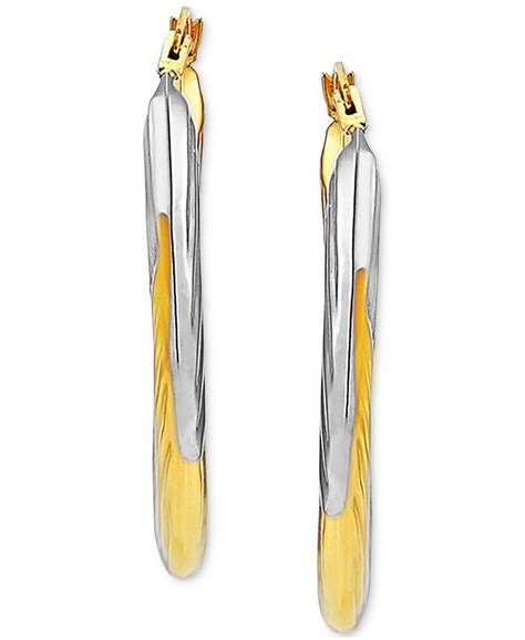 Macys Two Tone Textured Oval Hoop Earrings In 14k Gold And 14k White