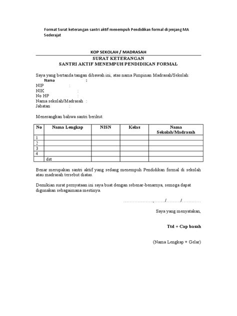 Format Surat Keterangan Santri Aktif Menempuh Pendidikan Formal Pdf