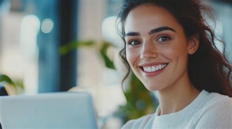 Smiling Woman At A Computer Premium Ai Generated Image
