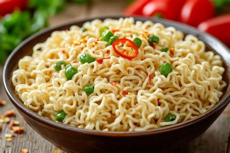 Spicy Instant Noodles With Chili And Fresh Scallions Served In A Rustic