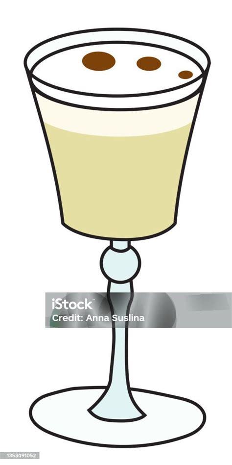 코블러 유리에 피스코 사워 클래식 칵테일 아마고 쓴 방울로 장식 된 피스코 기반 음료 스타일리시한 손으로 그린 낙서 만화 힙스터