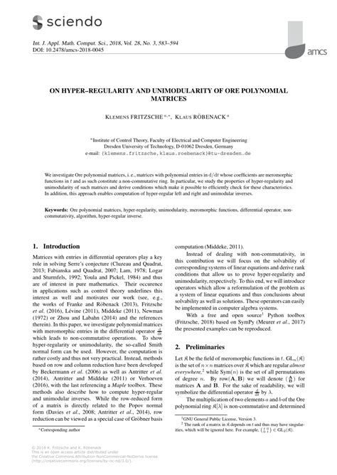 Pdf On Hyperregularity And Unimodularity Of Ore Polynomial Matrices
