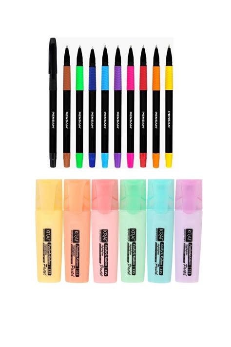 KRAF 6 lı Pastel Fosforlu Kalem Pensan 10 Renk Tükenmez Kalem Seti