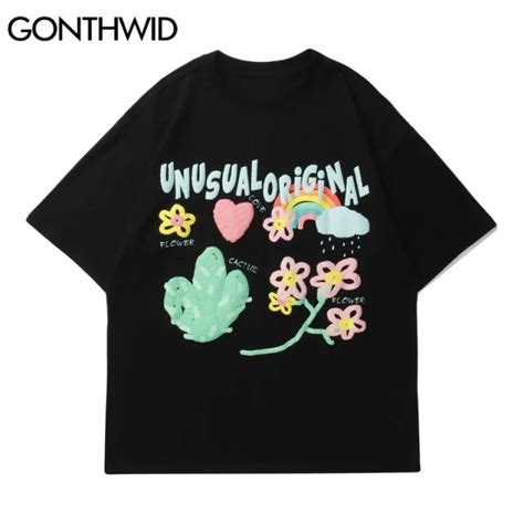 Gonthwid 힙합 그래피티 플라워 레인보우 하트 프린트 티셔츠 스트리트웨어 하라주쿠 힙 스터 코튼 루즈 캐주얼 티셔츠 상의