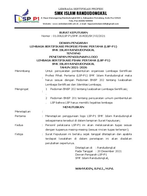 Sk Penetapan Dan Penggunaan Logo Lsp P1 Smk Islam Rddk Pdf