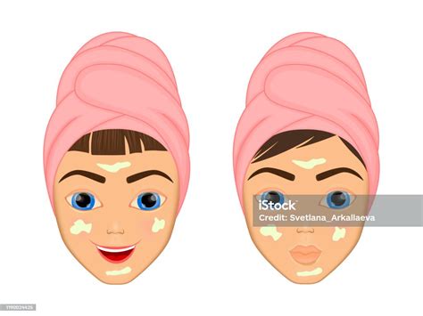 소녀는 다양한 행동 얼굴 트리트먼트 아름다움 건강 위생 라이프 스타일 세트 수건으로 얼굴을 돌보고 보호하며 건강관리와 의술에