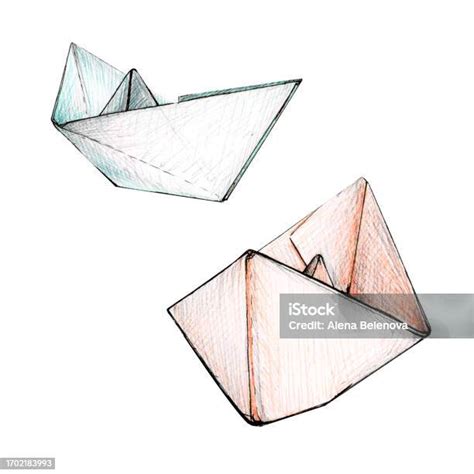 수채화 삽화 세트는 하얀 배경에 고립된 두 개의 종이배를 손으로 그린다 아이콘 또는 로고 디자인 및 인사말을 위한 작은 장난감 배의 스케치 그림 0명에 대한 스톡 벡터 아트