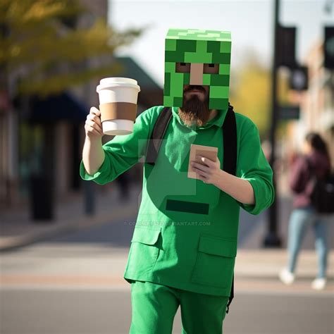 Person In Creeper Minecraft Costume With Coffee By Coolarts223 On
