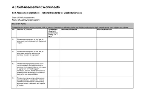 National Standards For Disability Services Self Assessment Worksheets