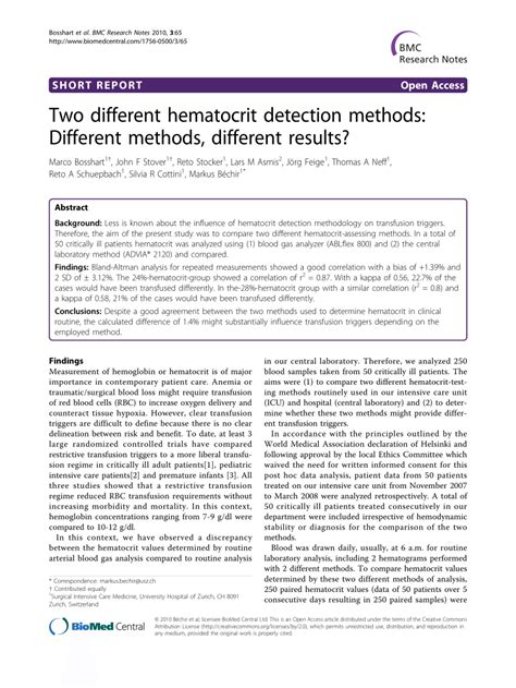 Pdf Two Different Hematocrit Detection Methods Different Methods
