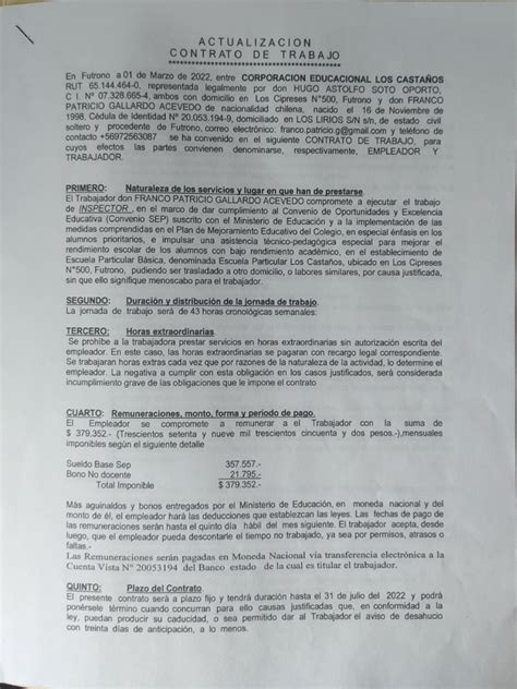 Contrato Franco Escuela Los Castaños Pdf Educación De La Primera