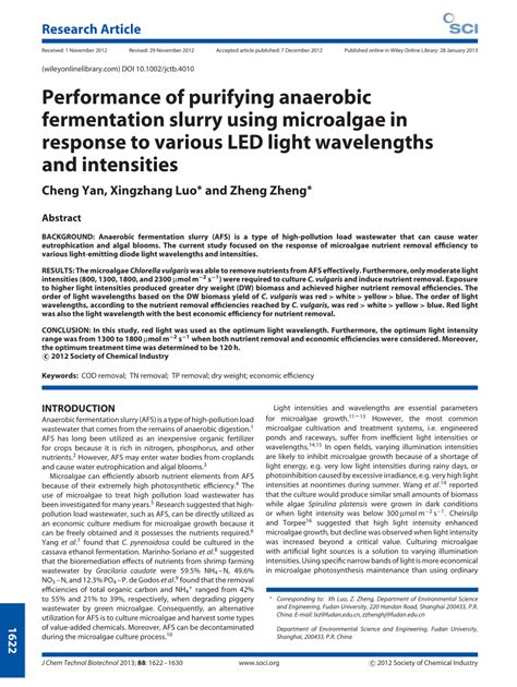 Pdf Performance Of Purifying Anaerobic Fermentation Slurry Using Microalgae In Response To