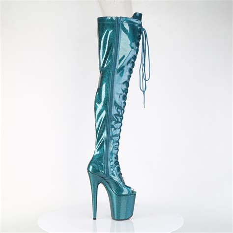 Glitter 20 Cm Peep Toe Teal Thigh High Boots With Laces High Heels