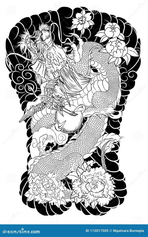 日本老龙和苍鹭纹身花刺 与牡丹花，莲花，玫瑰色和菊花花和水飞溅的手拉的龙 向量例证 插画 包括有 中国 菊花 112017505