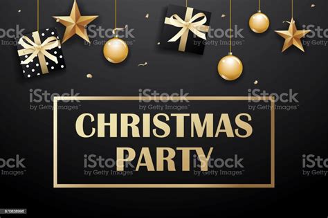 기쁜 성 탄과 럭셔리 골드 볼 선물 상자 및 스타와 어두운 배경에 파티 검은색에 대한 스톡 벡터 아트 및 기타 이미지 검은색 겨울 계절 Istock