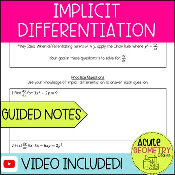Implicit Differentiation Calculus Guided Notes With Video Lesson