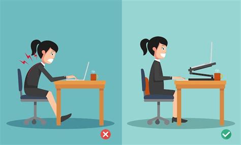 인체공학 여성 컴퓨터 사용 시 올바른 자세와 잘못된 자세 프리미엄 벡터