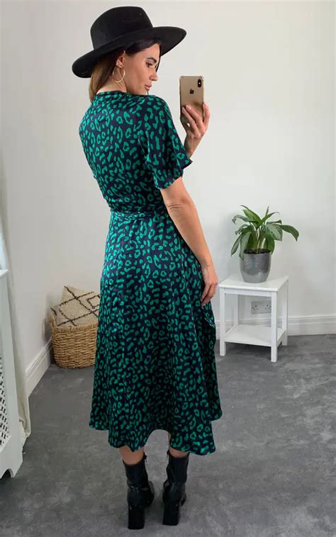 Green And Navy Leopard Print Midi Wrap Dress Silkfred Us