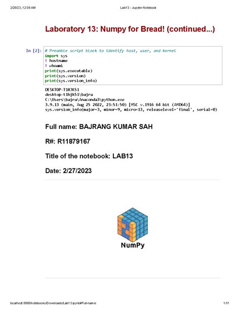 Lab13 Jupyter Notebook Laboratory 13 Numpy For Bread Continued In 2 Full Name